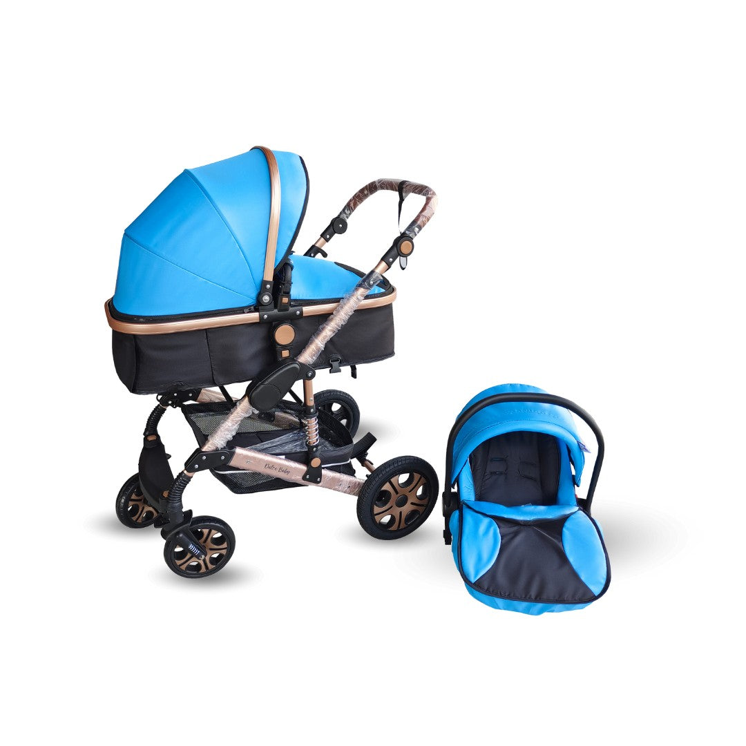 Coche de lujo para bebé tipo moisés color azul + Porta bebes – Dulce Baby.