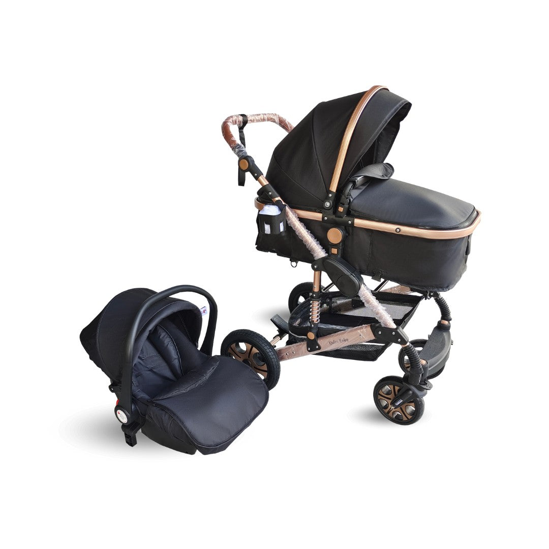 Coche de lujo para bebé tipo moisés color negro + Porta bebes – Dulce Baby.