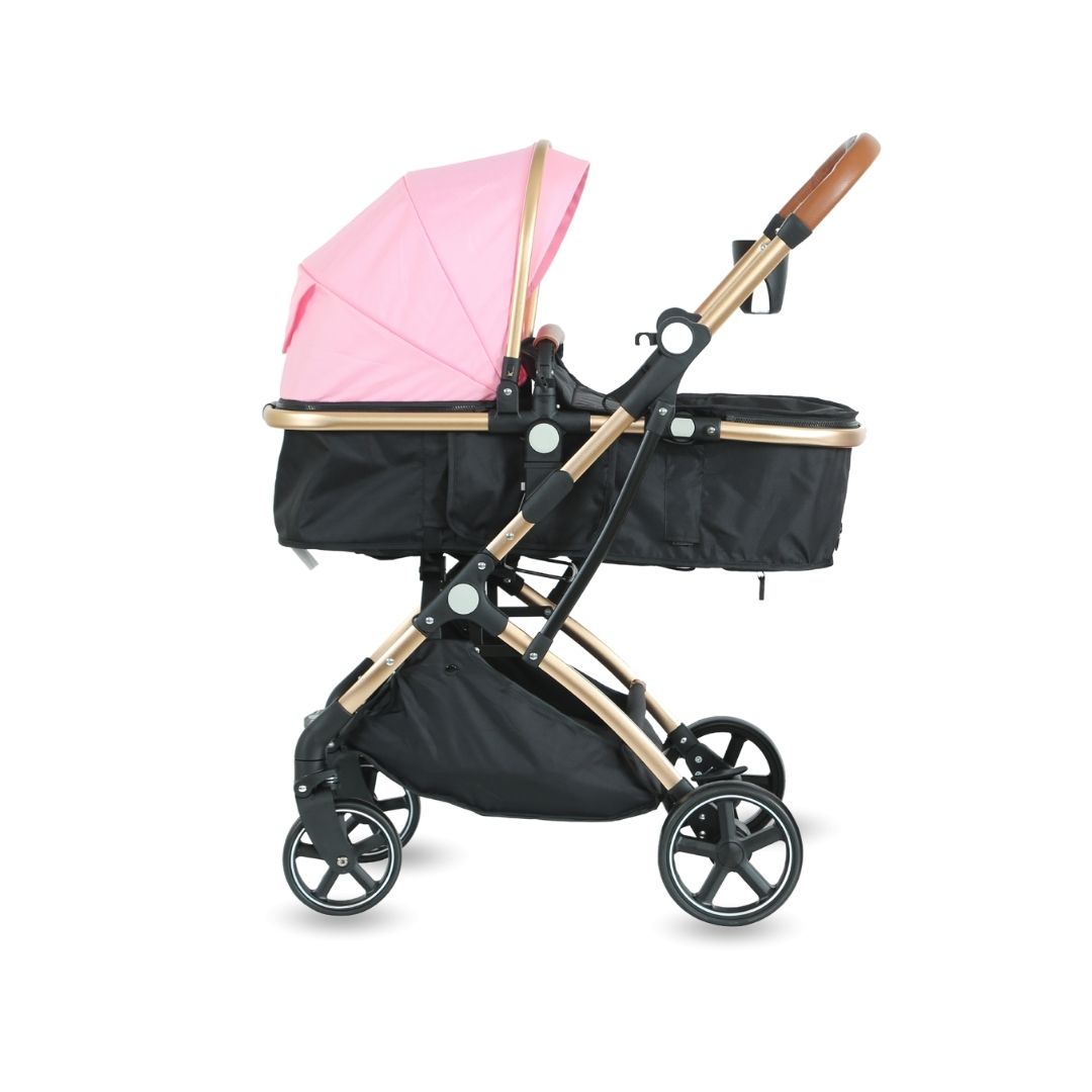 Coche para bebé tipo moisés color rosa con negro de lujo – Dulce Baby.
